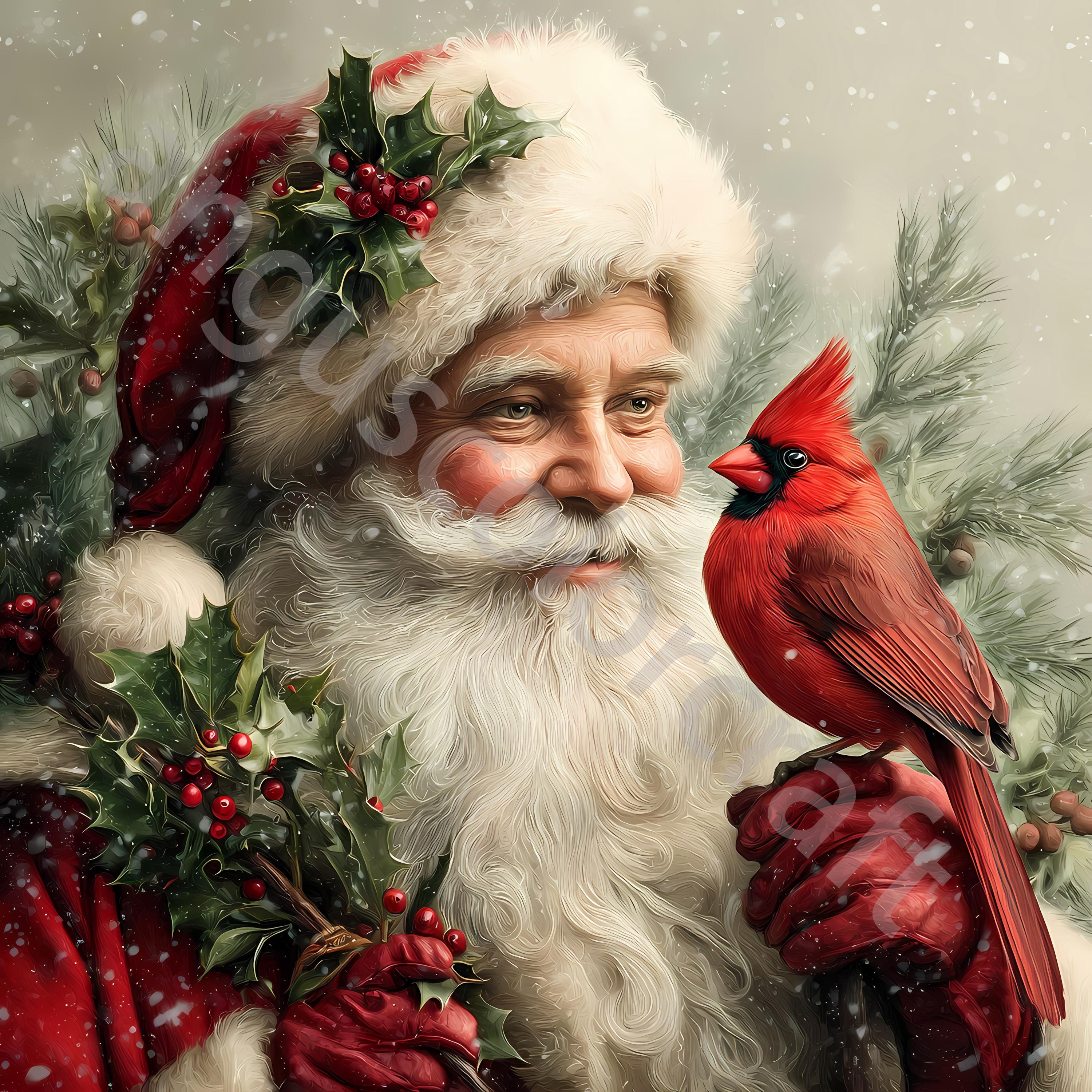 Vintage Santa With Cardinal Clip Art, Watercolor Clipart 10 JPG, Junk ...