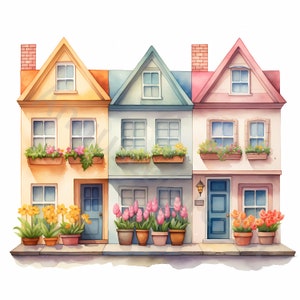 Whimsical Row Houses Clipart Bundle 20 High Res Watercolor Jpgs for Junk Journaling ...