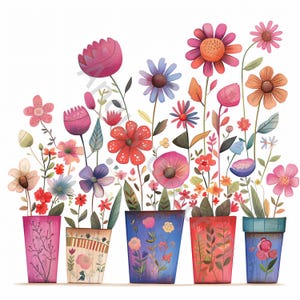10 Cute Whimsical Flower Clipart, Row of Flowers Clipart, High Res JPG ...