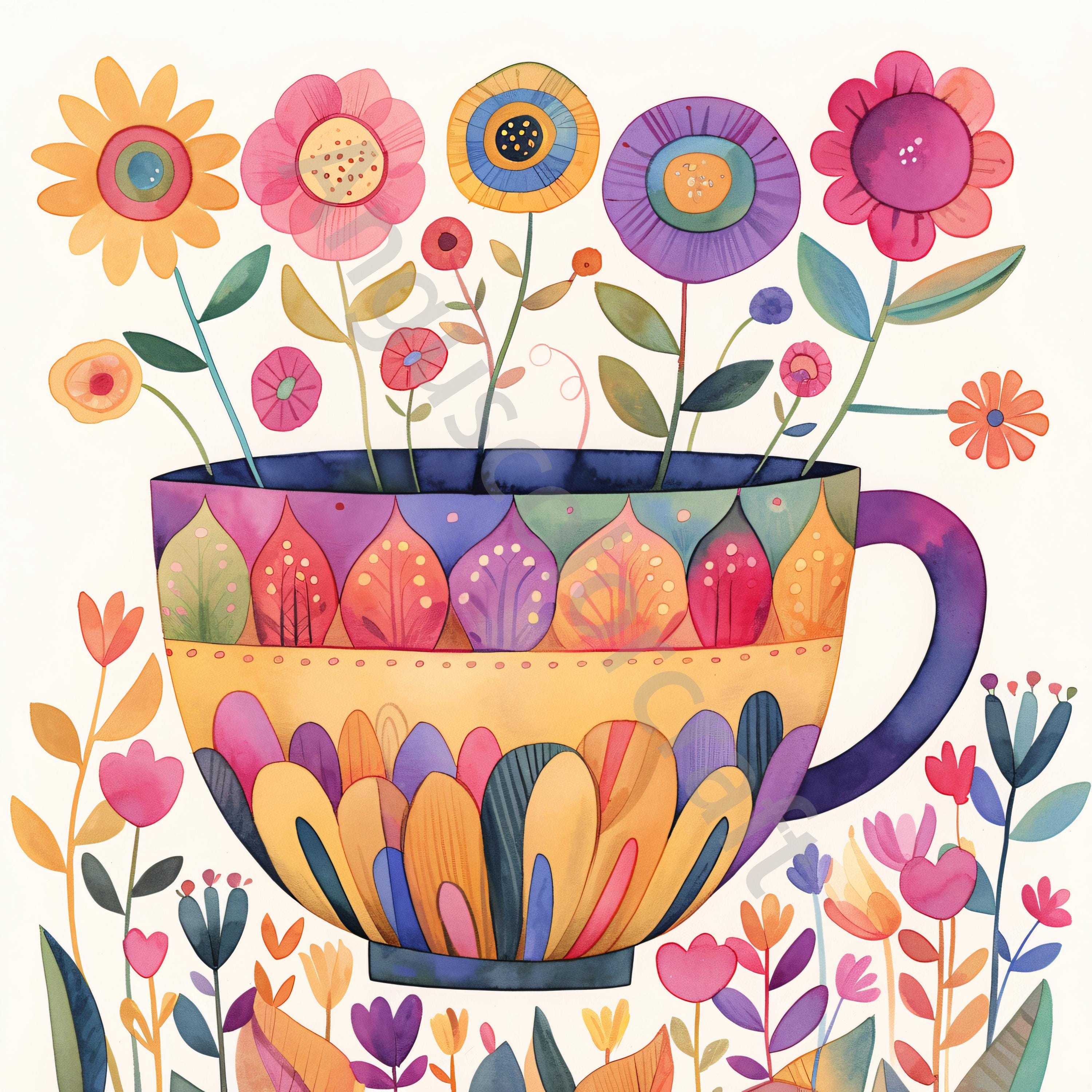 10 Cute Whimsical Cup of Flower Clip Art, Flowers Clipart, High Res JPG ...
