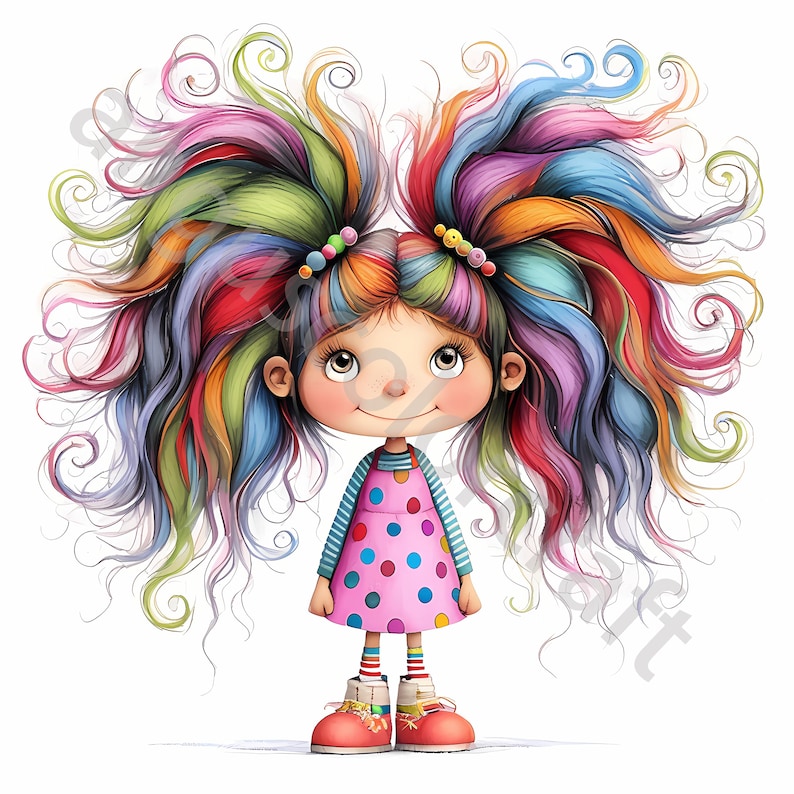 Quirky Little Girl With Frazzled Hair Girl Clip Art: Watercolor Jpgs ...