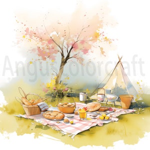 Watercolor Spring Picnic Clipart- 21 High Quality Jpgs - Spring Scenery ...