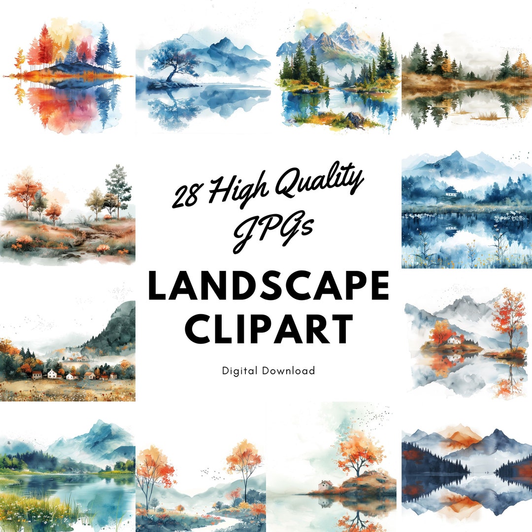 28 Watercolor Landscape Clipart, Digital Graphics, Mountain Range, Lake ...