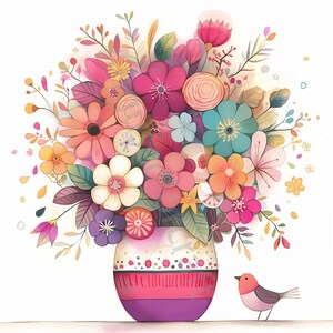 10 Cute Whimsical Flower and Bird Clip Art, Watercolor, Junk Journaling ...