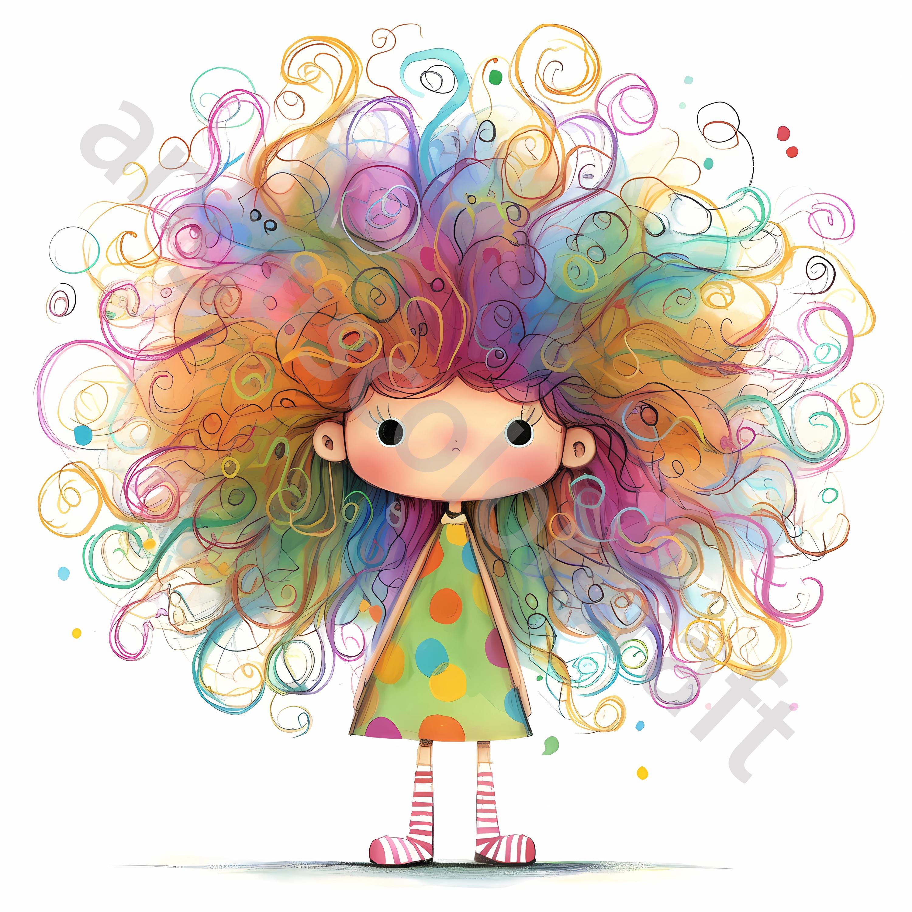 Quirky Little Girl With Frazzled Hair Girl Clip Art: Watercolor Jpgs ...