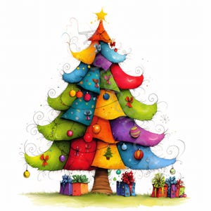10 Whimsical Christmas Tree Clipart, Quirky Christmas Clipart, JPG ...
