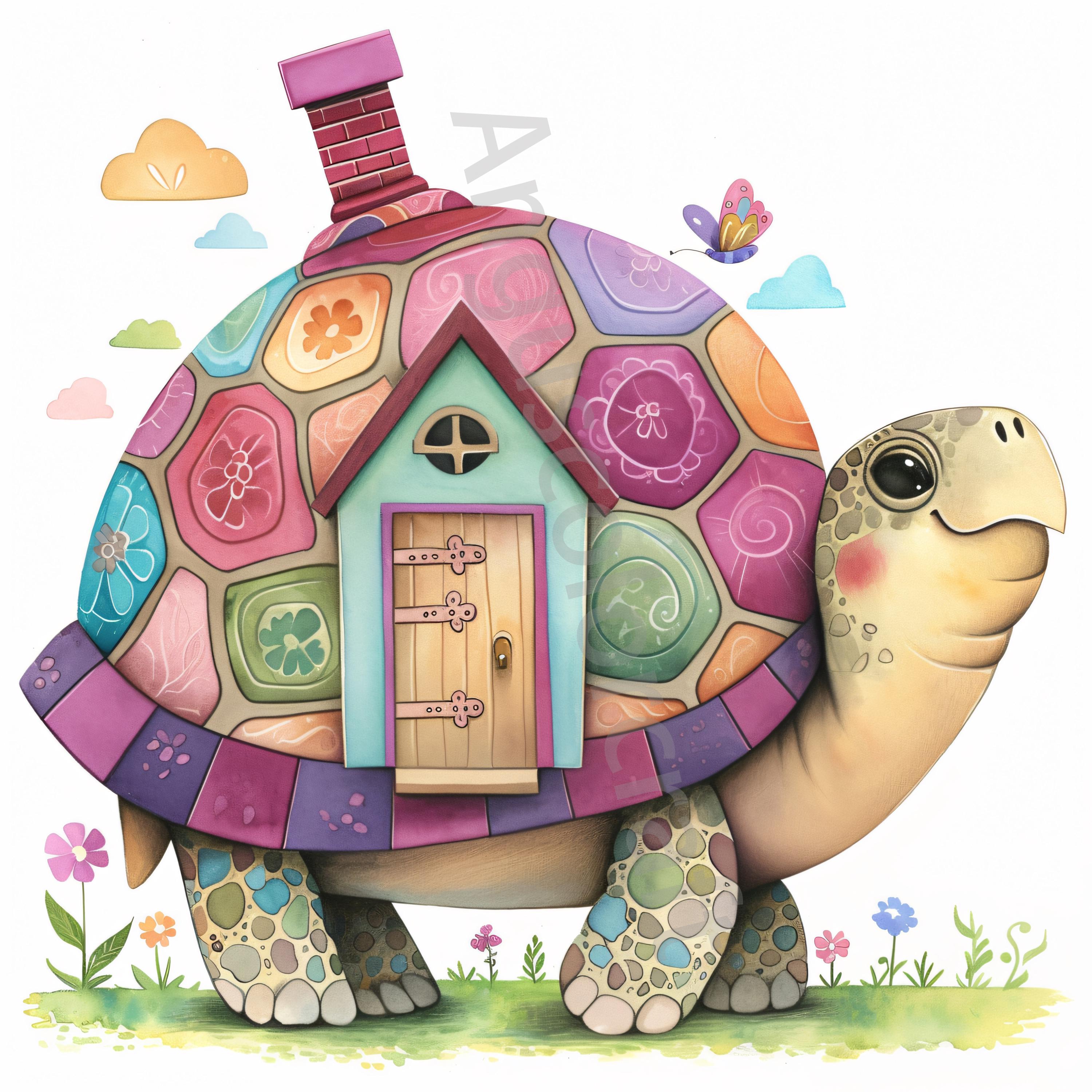 10 Quirky Turtle House Clip Art, Watercolor Clipart JPG, Junk ...