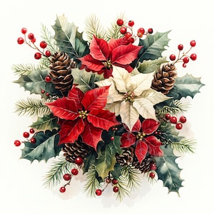 Bouquet of Poinsettia Clipart Kit 10 JPG Watercolor Christmas Clipart ...