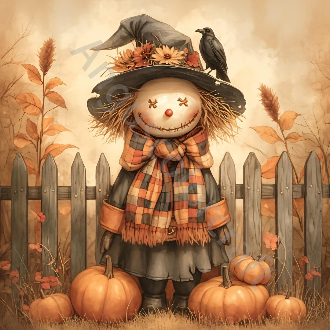 Whimsical Scarecrow in Pumpkin Patch Clip Art 10 High Res Watercolor ...