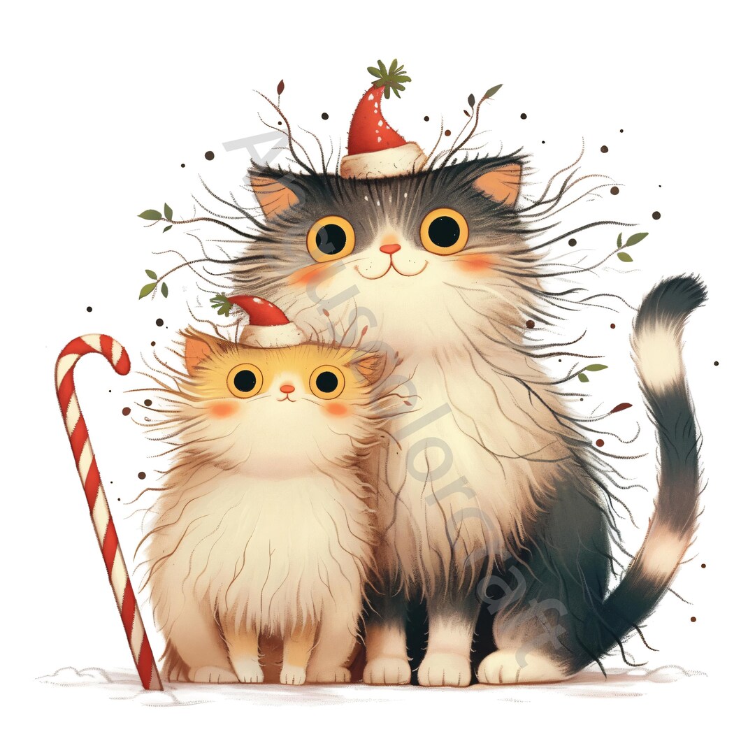 10 Christmas Cats Clip Art Watercolor Clipart Jpgs, Junk Journaling ...