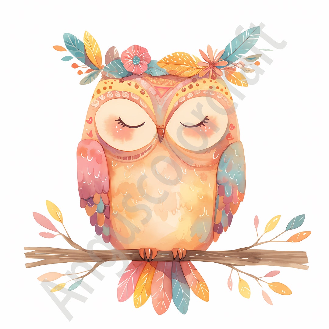 18 Watercolor Boho Owl Clipart, JPG Instant Download File, Digital ...