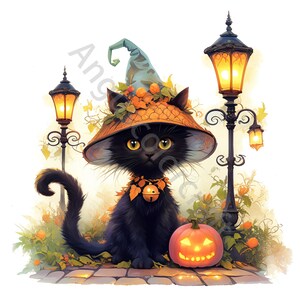 12 JPG Watercolor Halloween Black Cat Clipart Bundle Cute Cat Clipart ...