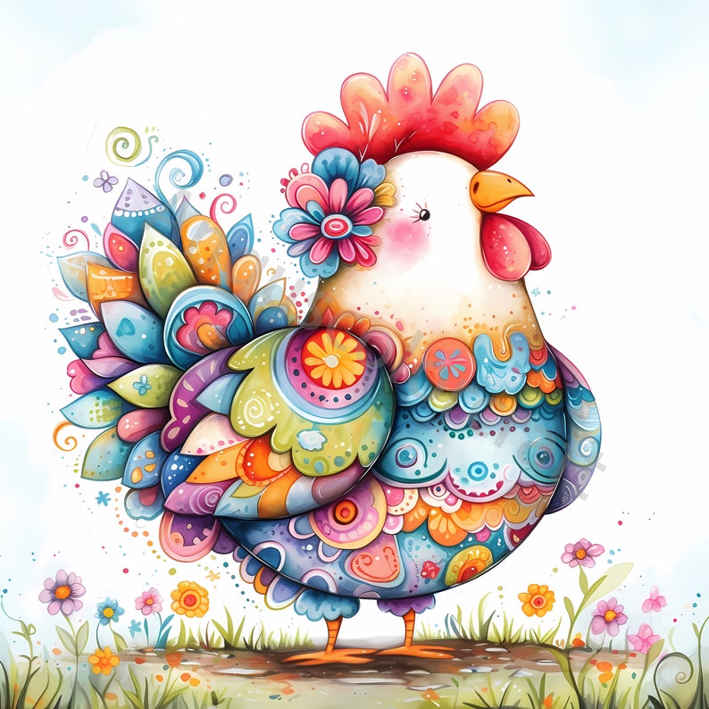 12 Chicken Clipart, Calico Chickens Clip Art Kit 10 High Res Watercolor ...