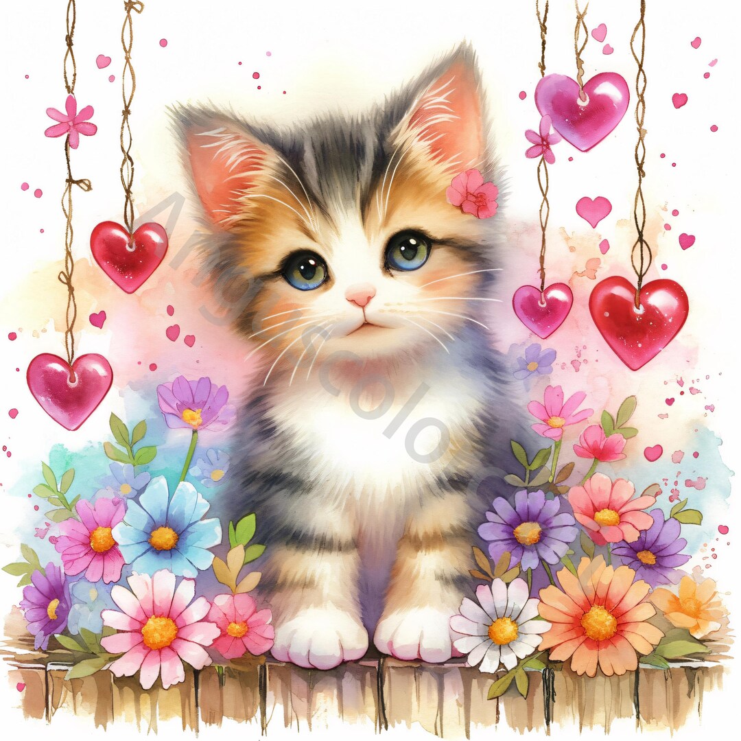 10 Love With Kittens Clip Art, Watercolor Clipart JPG, Junk Journaling ...