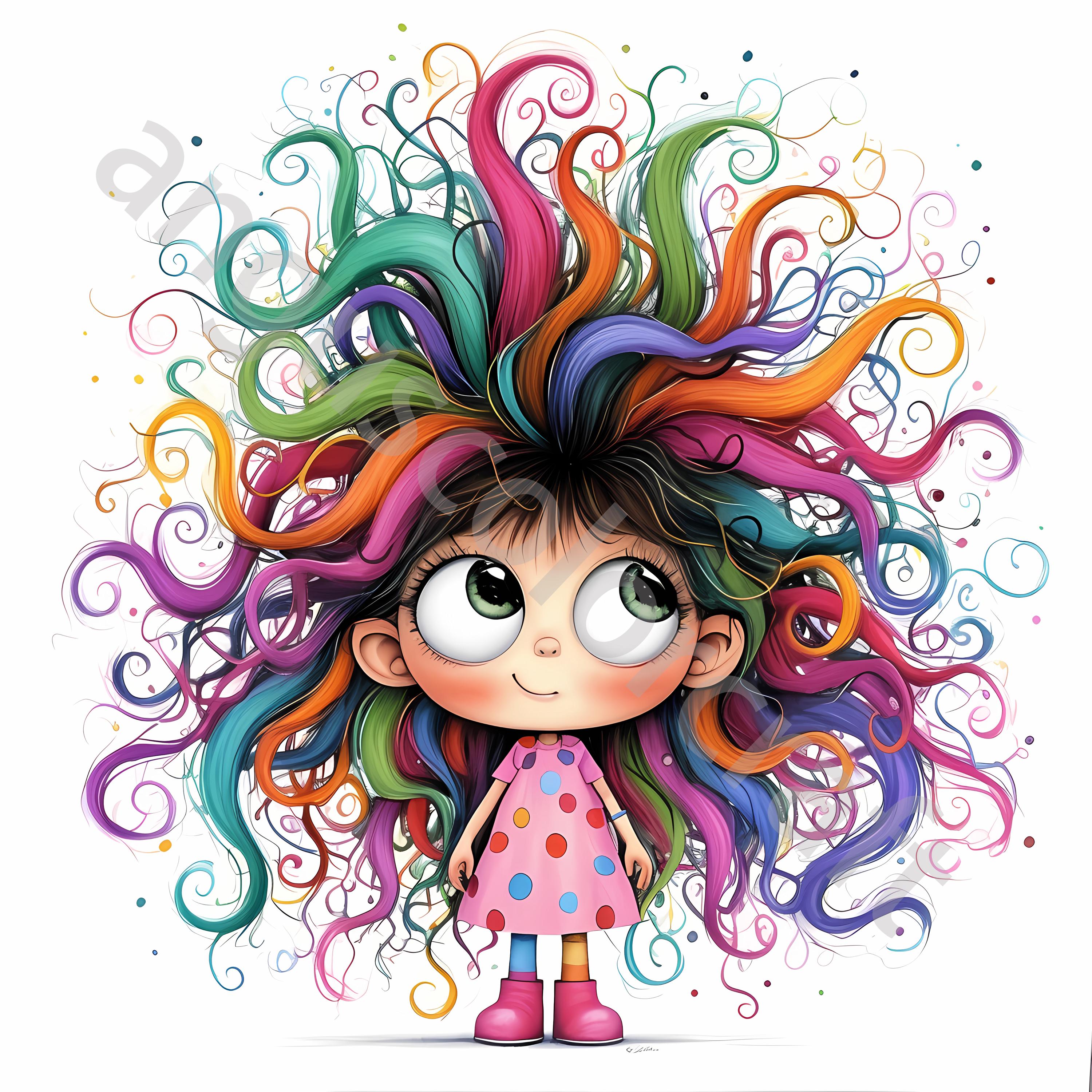 Quirky Little Girl With Frazzled Hair Girl Clip Art: Watercolor Jpgs ...