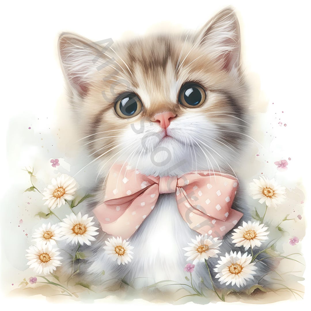 10 Kitten With Pink Bow Clip Art, Watercolor Clipart JPG, Junk ...