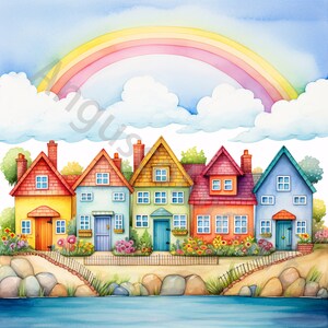 Whimsical Seaside Rainbow Cottages Clip Art Bundle 12 High Res ...