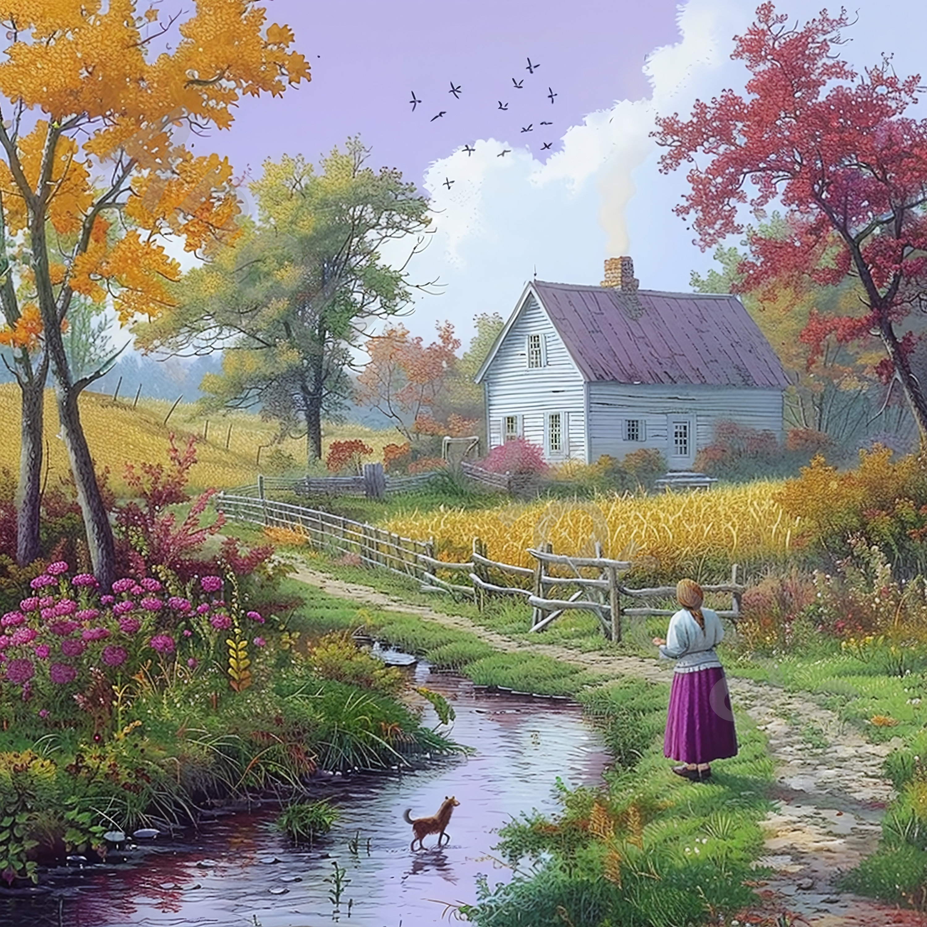 10 Vintage Watercolor Countryside Scene Clipart, Rural Life Landscape ...