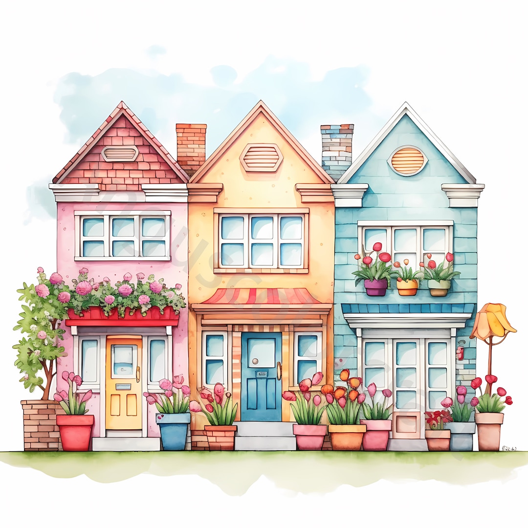 Whimsical Row Houses Clipart Bundle 20 High Res Watercolor Jpgs for ...
