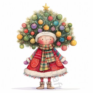 12 Whimsical Christmas Tree Clipart, Quirky Christmas Girl, Digital ...