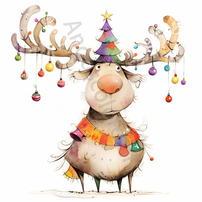10 Quirky Christmas Reindeer Clip Art, Watercolor Clipart JPG, Junk ...
