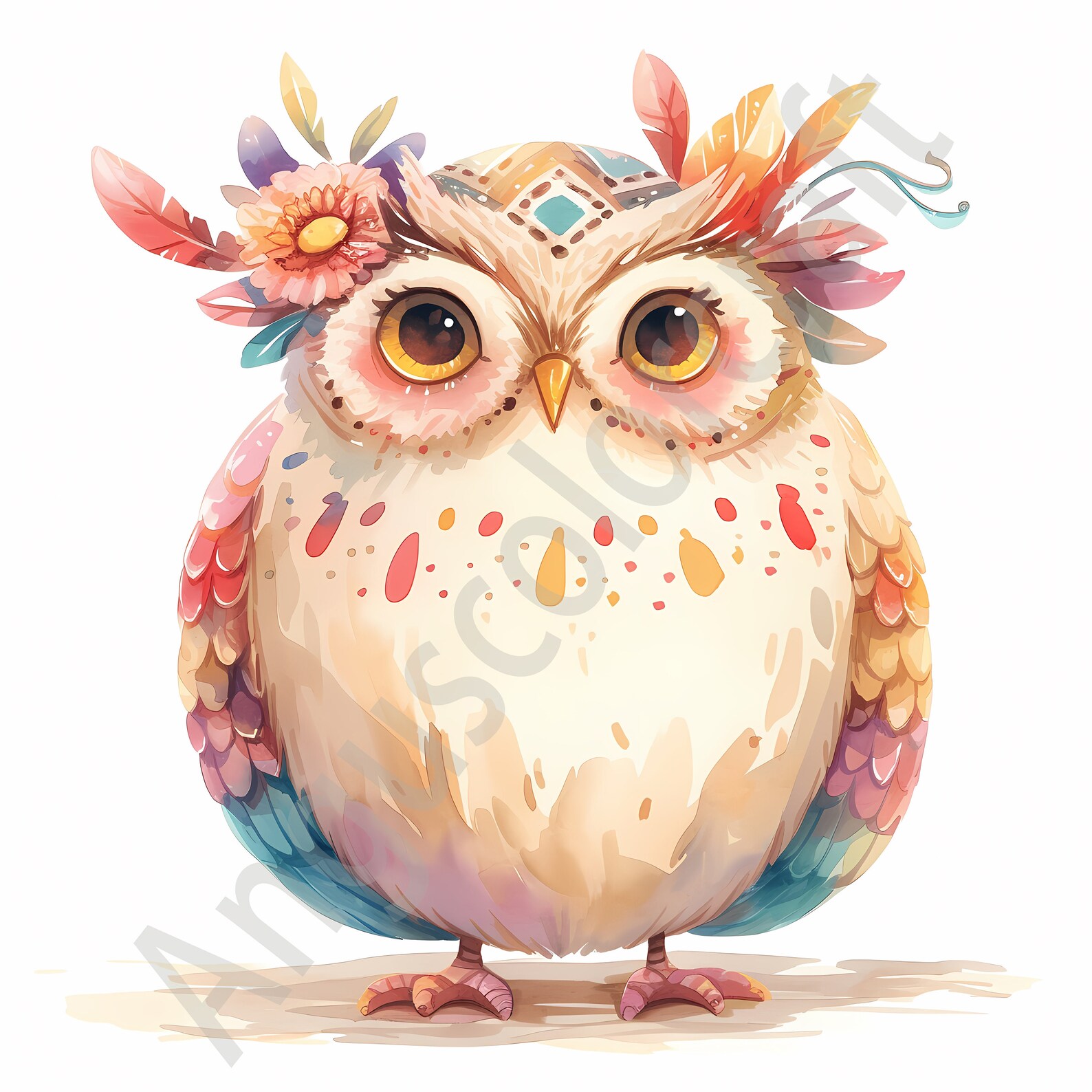 18 Watercolor Boho Owl Clipart, JPG Instant Download File, Digital ...