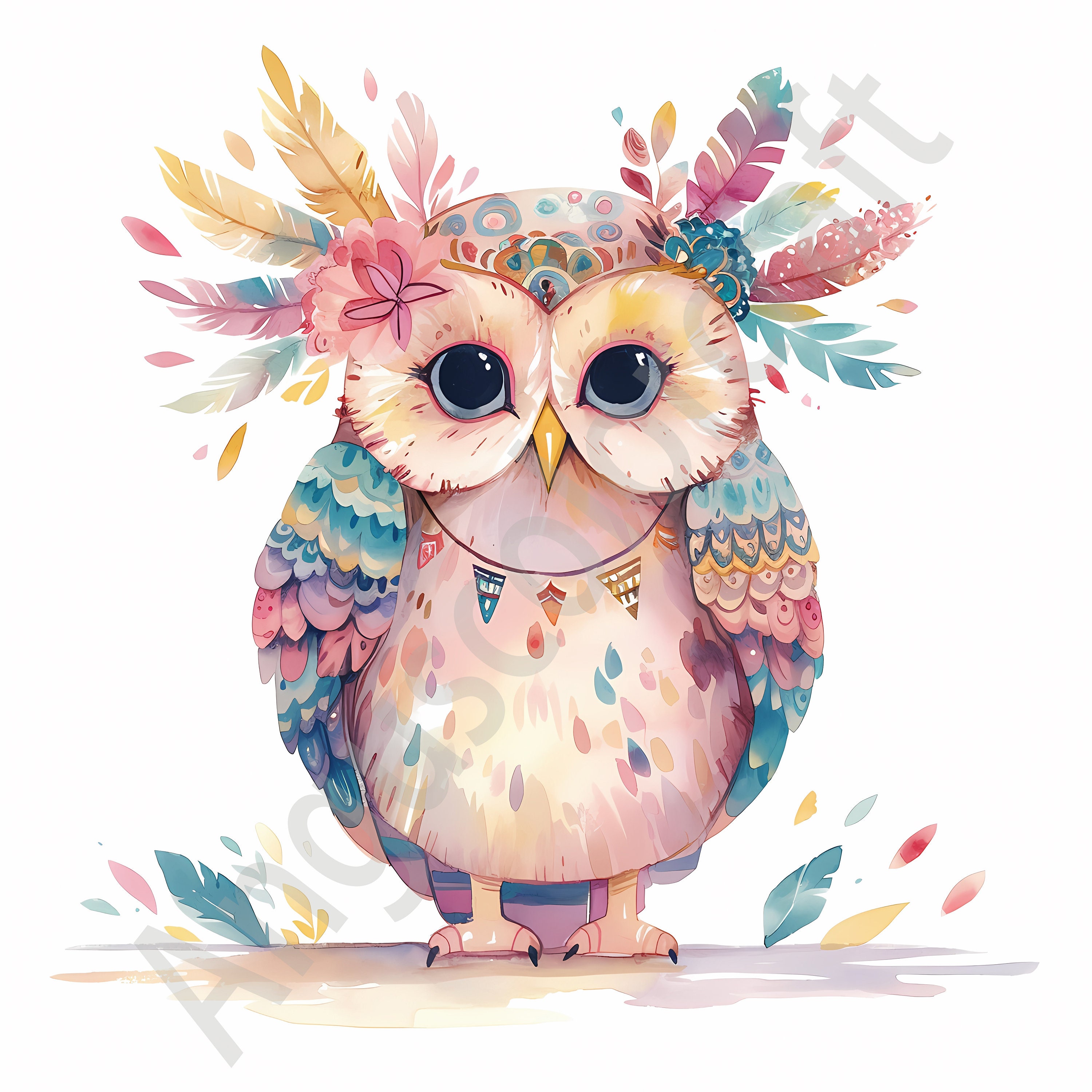 18 Watercolor Boho Owl Clipart, JPG Instant Download File, Digital ...