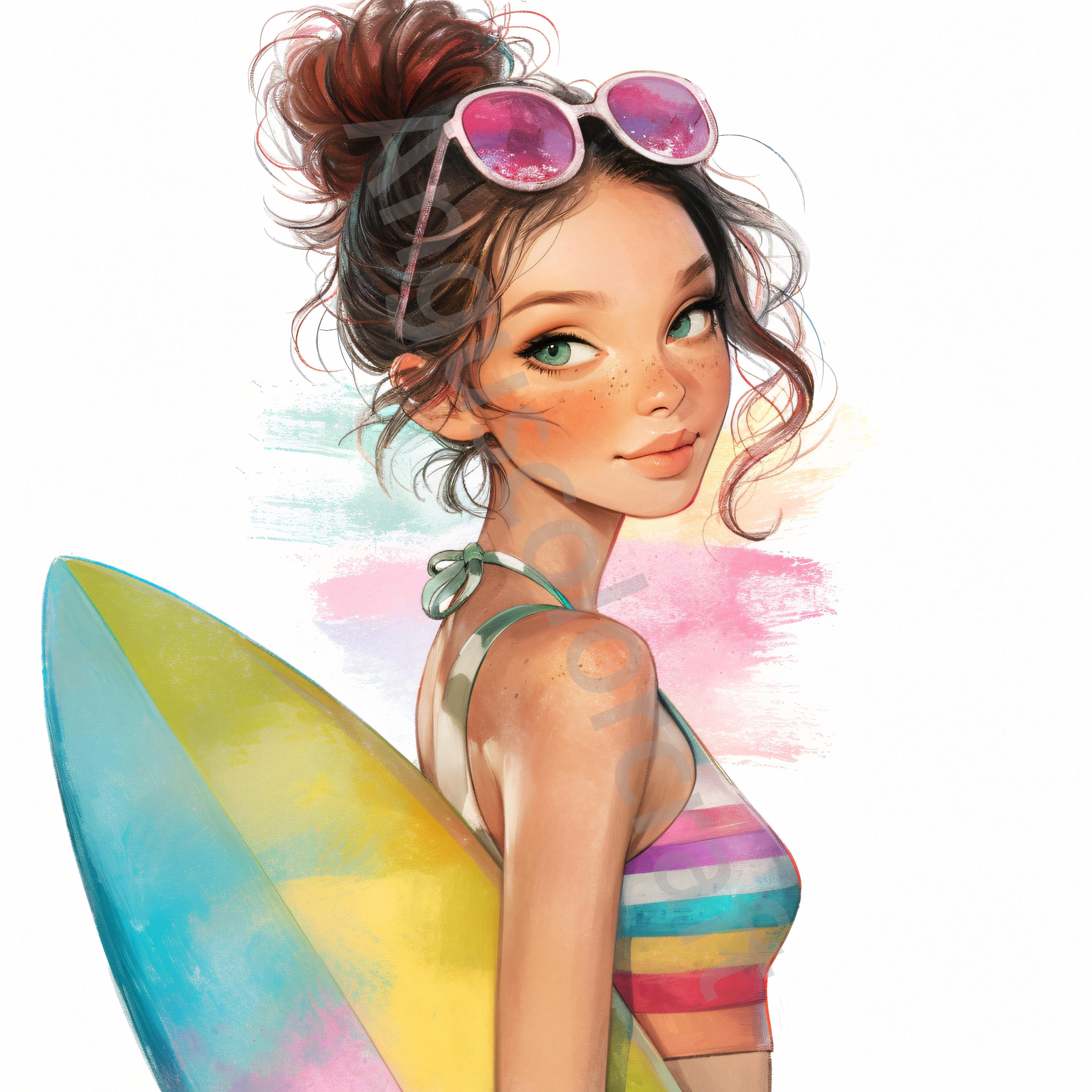10 Quirky Surfer Girl Clip Art, Watercolor Clipart JPG, Junk Journal ...