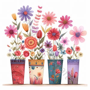 10 Cute Whimsical Flower Clipart, Row of Flowers Clipart, High Res JPG ...