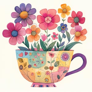 10 Cute Whimsical Cup of Flower Clip Art, Flowers Clipart, High Res JPG ...