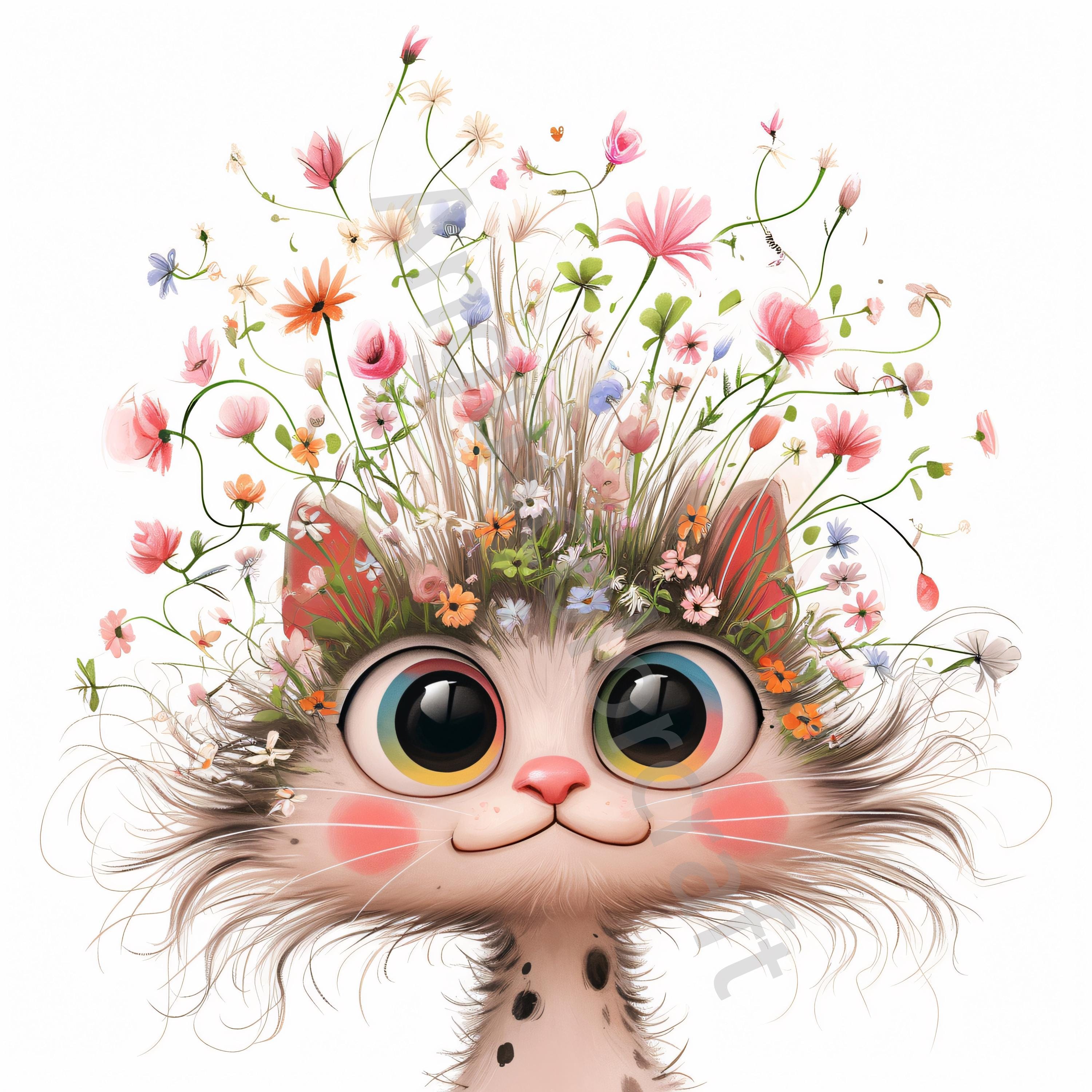 12 Frazzled Flower Cat Clip Art, Watercolor Clipart JPG, Junk ...