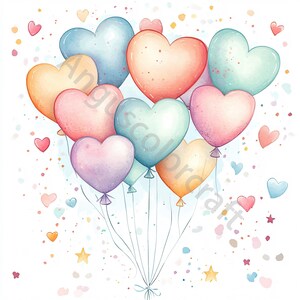 10 Heart Balloons Clip Art, Watercolor JPG, Junk Journaling, Scrapbook ...