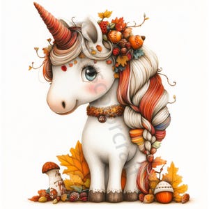 12 JPG Autumn Unicorn Clipart, Baby Unicorn Watercolor Clipart, Cute ...
