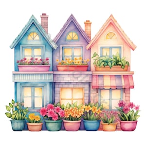 Whimsical Row Houses Clip Art Bundle 11 High Res Watercolor Clipart JPG for Junk Journaling ...