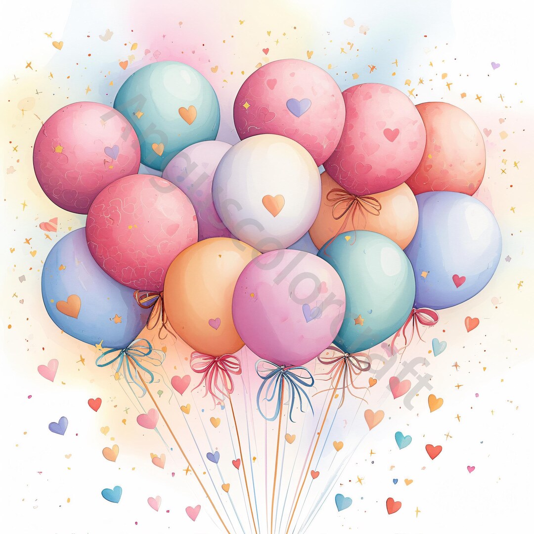 10 Heart Balloons Clip Art, Watercolor JPG, Junk Journaling, Scrapbook ...