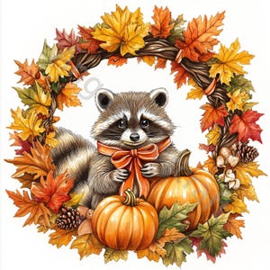 10 JPG Pumpkin Raccoon Clipart, Autumn Wreath, Commercial Use ...