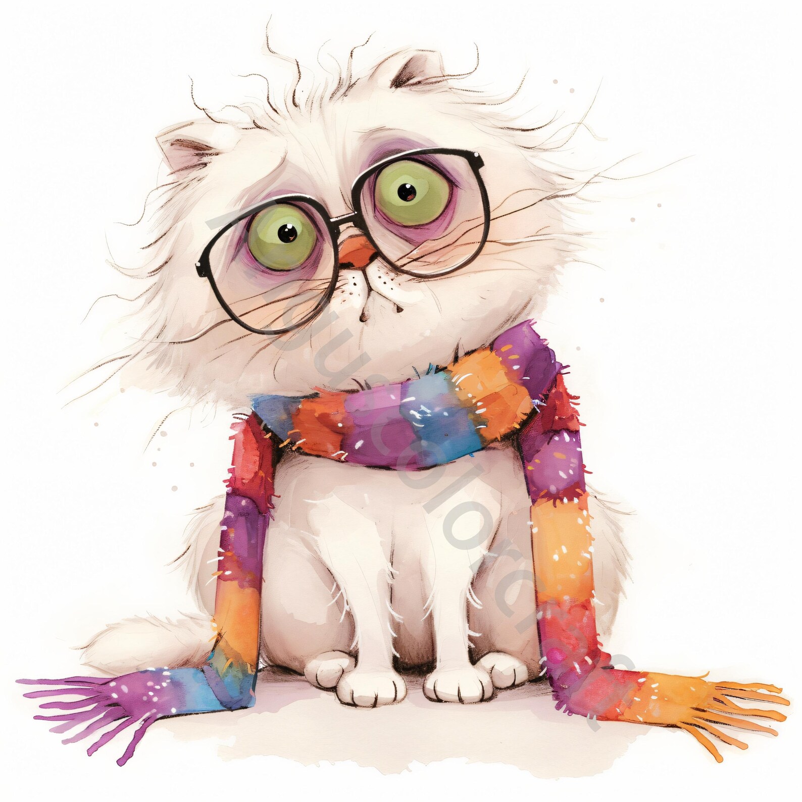 10 JPG Quirky Messy Hair Cat Clip Art, Watercolor Kitten, Junk ...