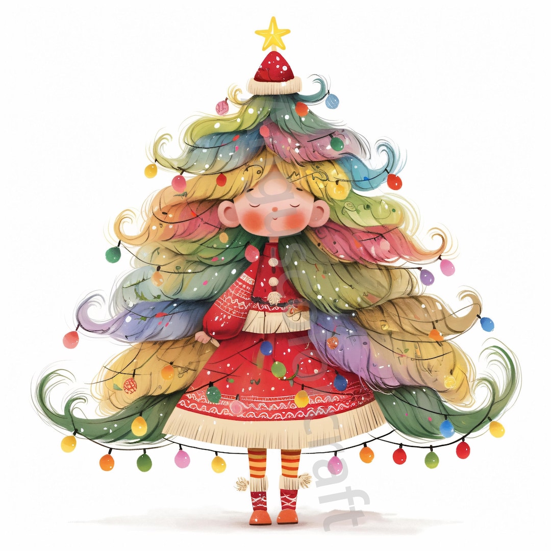 12 Whimsical Christmas Tree Clipart, Quirky Christmas Girl, Digital ...