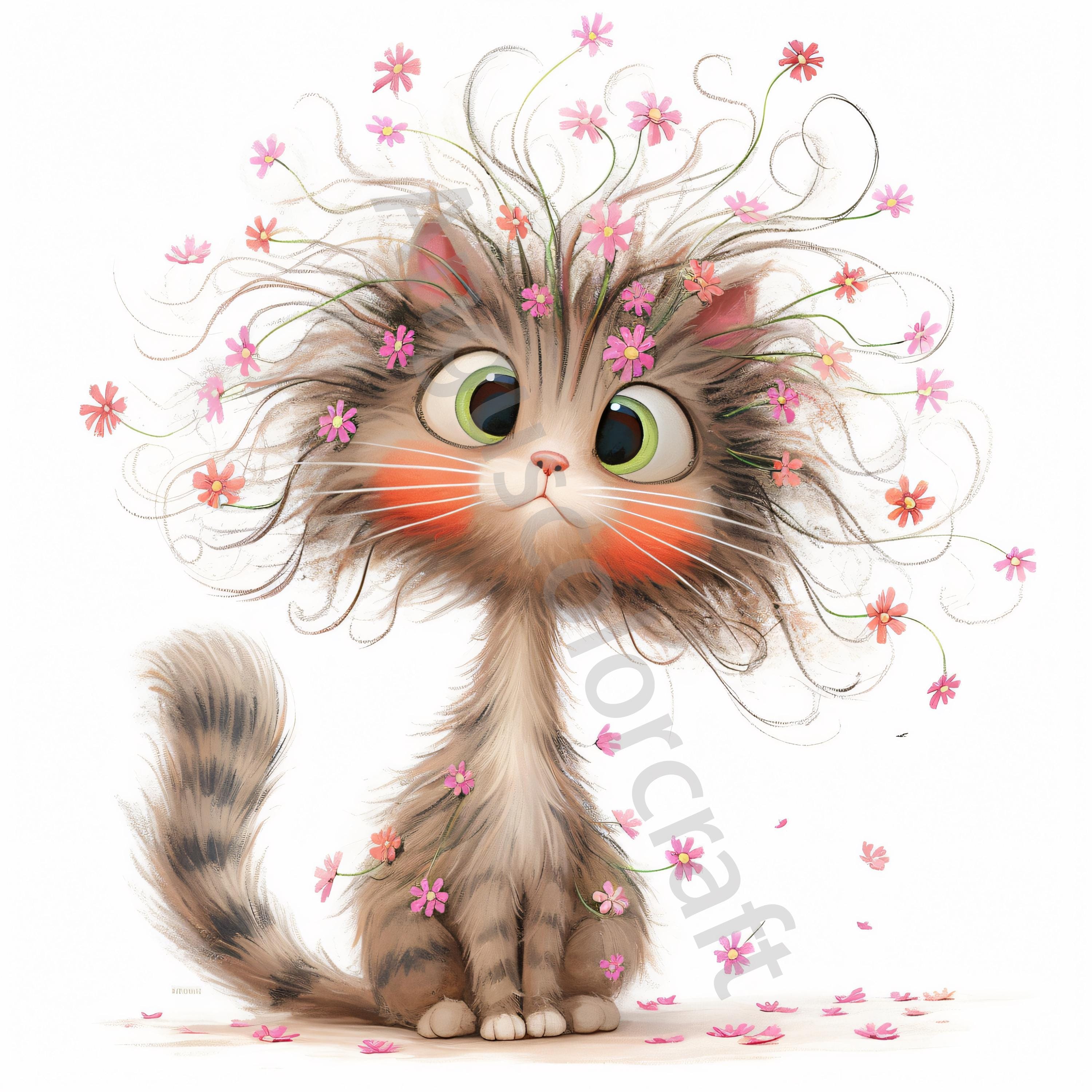 12 Frazzled Flower Cat Clip Art, Watercolor Clipart JPG, Junk ...