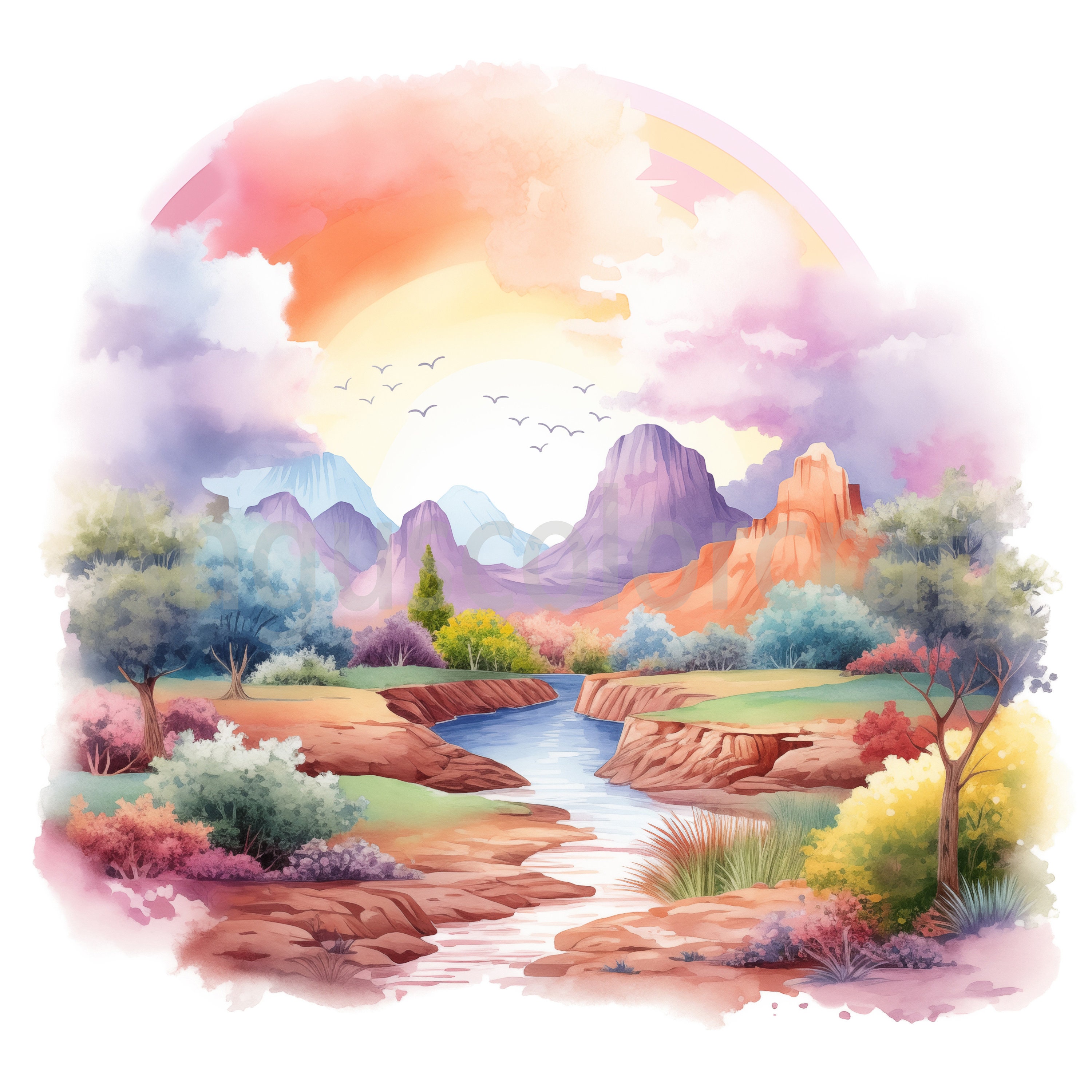 Watercolor Rainbow Landscapes - 18 Digital Clipart Bundle - High ...