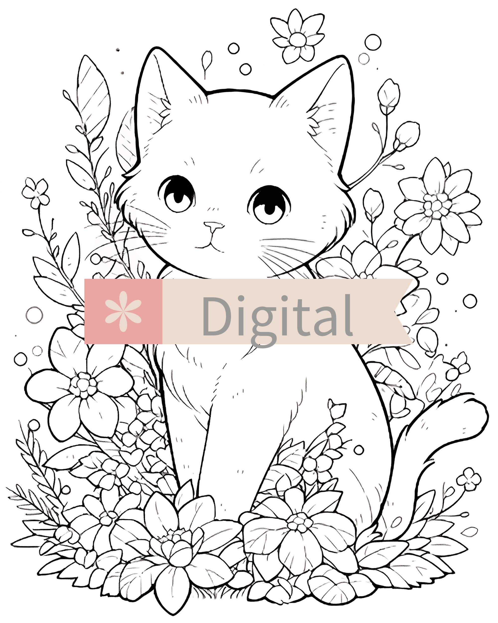 Cute Cat, 6 Coloring Pages, Kitten, Christmas, Flowers, Digital PDF JPG ...