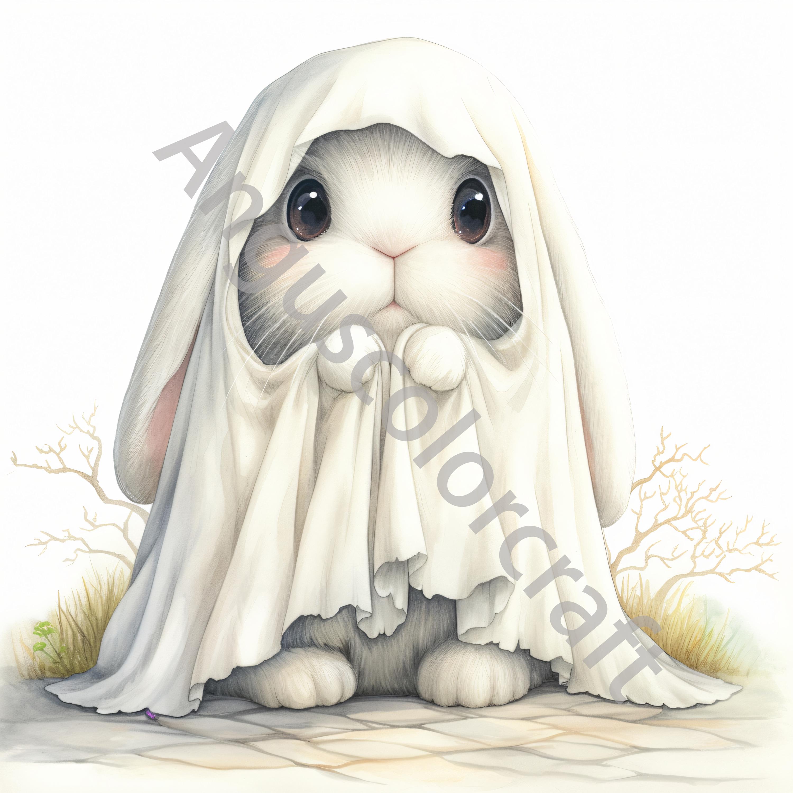 10 JPG Quirky Ghost Bunny Clip Art, Halloween Clipart, Watercolor ...