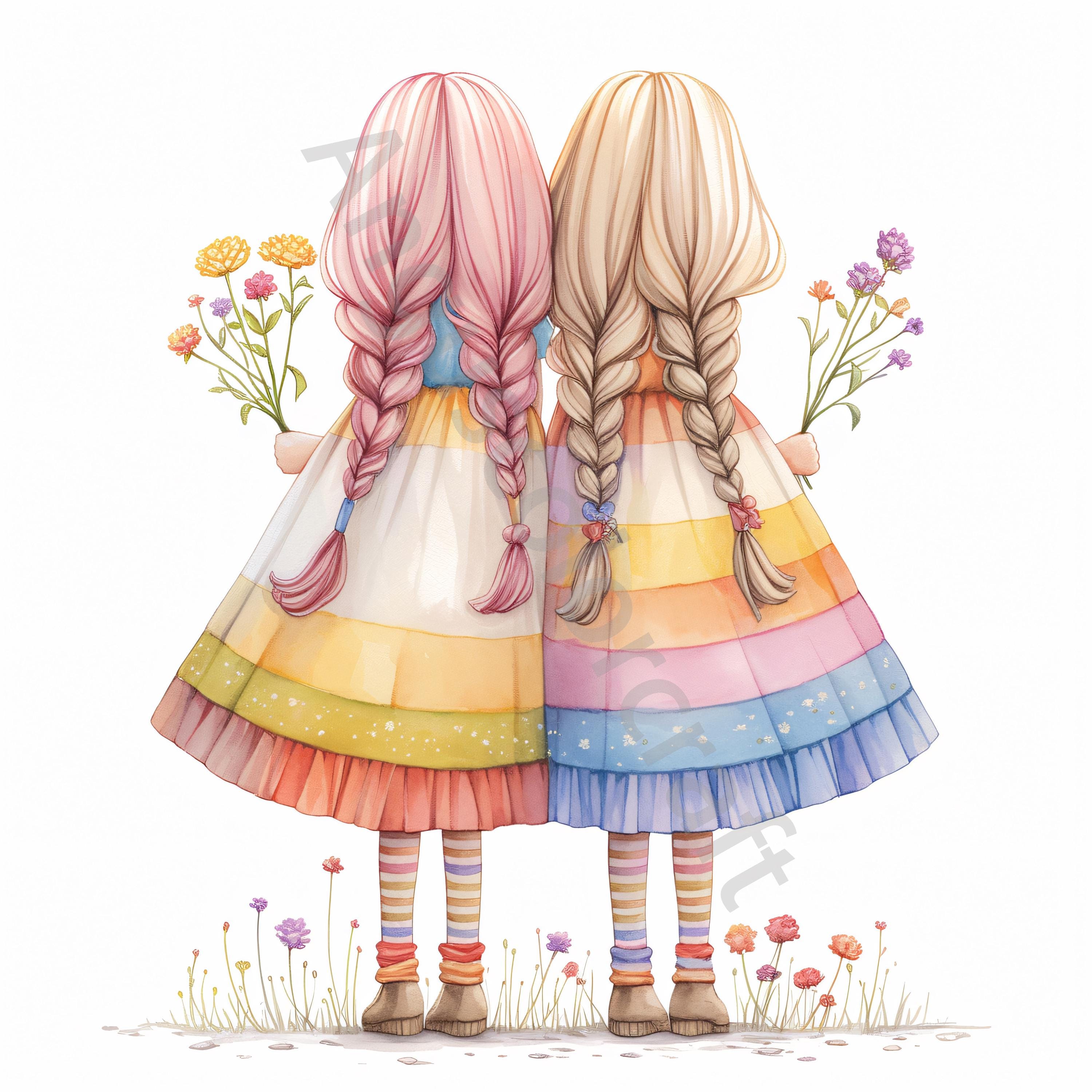 Best Friends Little Girls Clip Art Kit 13 High Res Watercolor Jpgs for ...