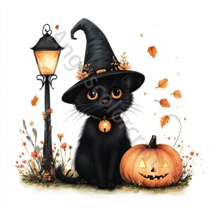 12 JPG Watercolor Halloween Black Cat Clipart Bundle Cute Cat Clipart ...