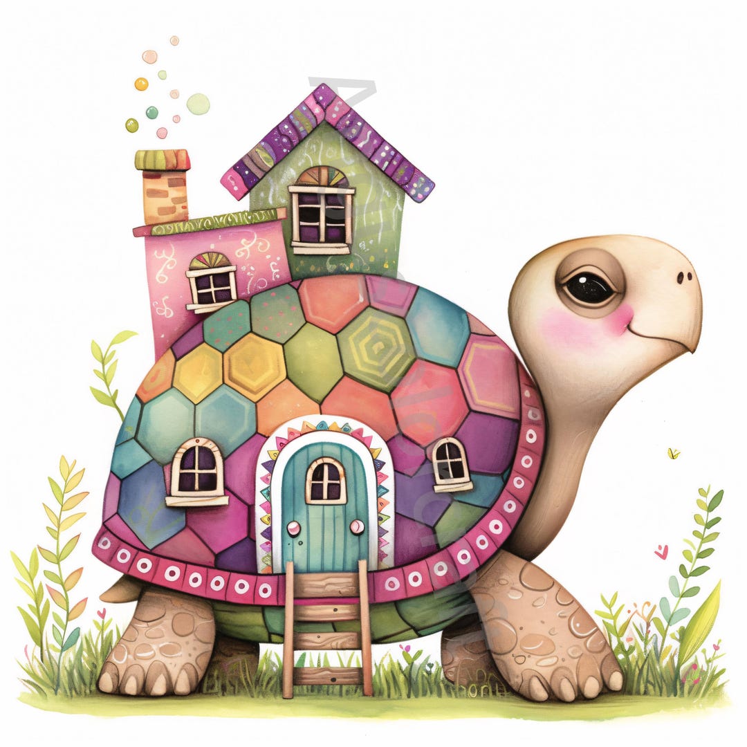 10 Quirky Turtle House Clip Art, Watercolor Clipart JPG, Junk ...