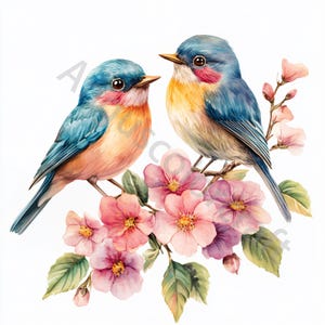 12 JPG Whimsical Birds Clip Art, Birds With Flowers, Cute Birds Digital ...