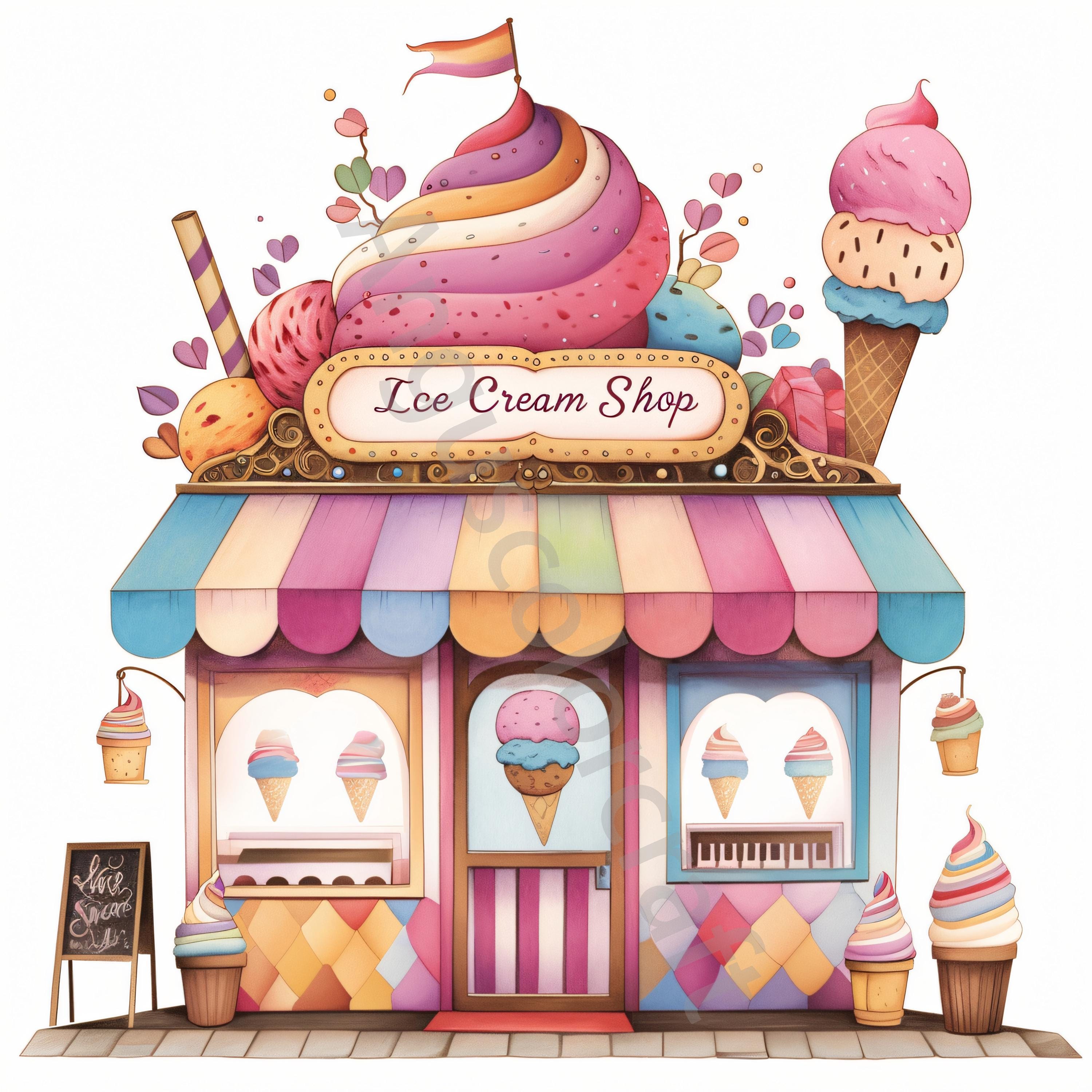 10 Quirky Ice Cream Shop Clip Art, Watercolor Clipart JPG, Junk ...