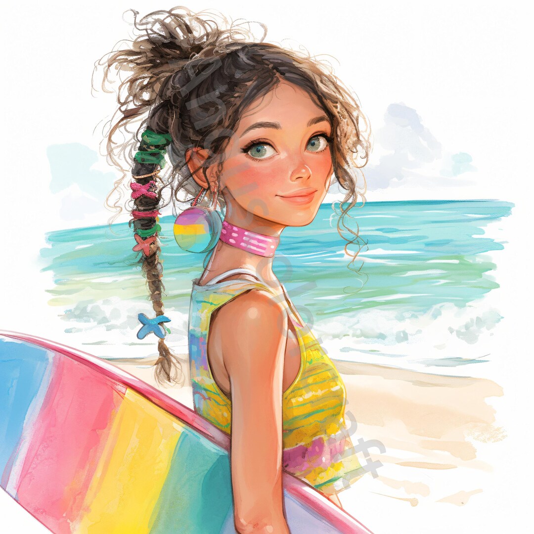 10 Quirky Surfer Girl Clip Art, Watercolor Clipart JPG, Junk Journal ...