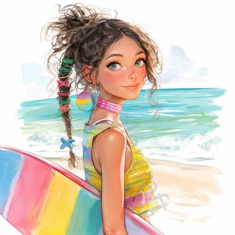 10 Quirky Surfer Girl Clip Art, Watercolor Clipart JPG, Junk Journal ...