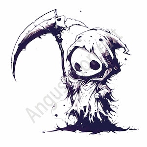 12 Cute Grim Reaper JPG, Black and White Clipart, Spooky Reaper ...